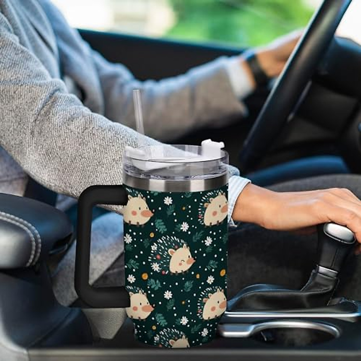 Cute Hedgehogs Flowers Tumbler with Handle Travel Mug Water Bottle Tea Coffee Cup Black-style