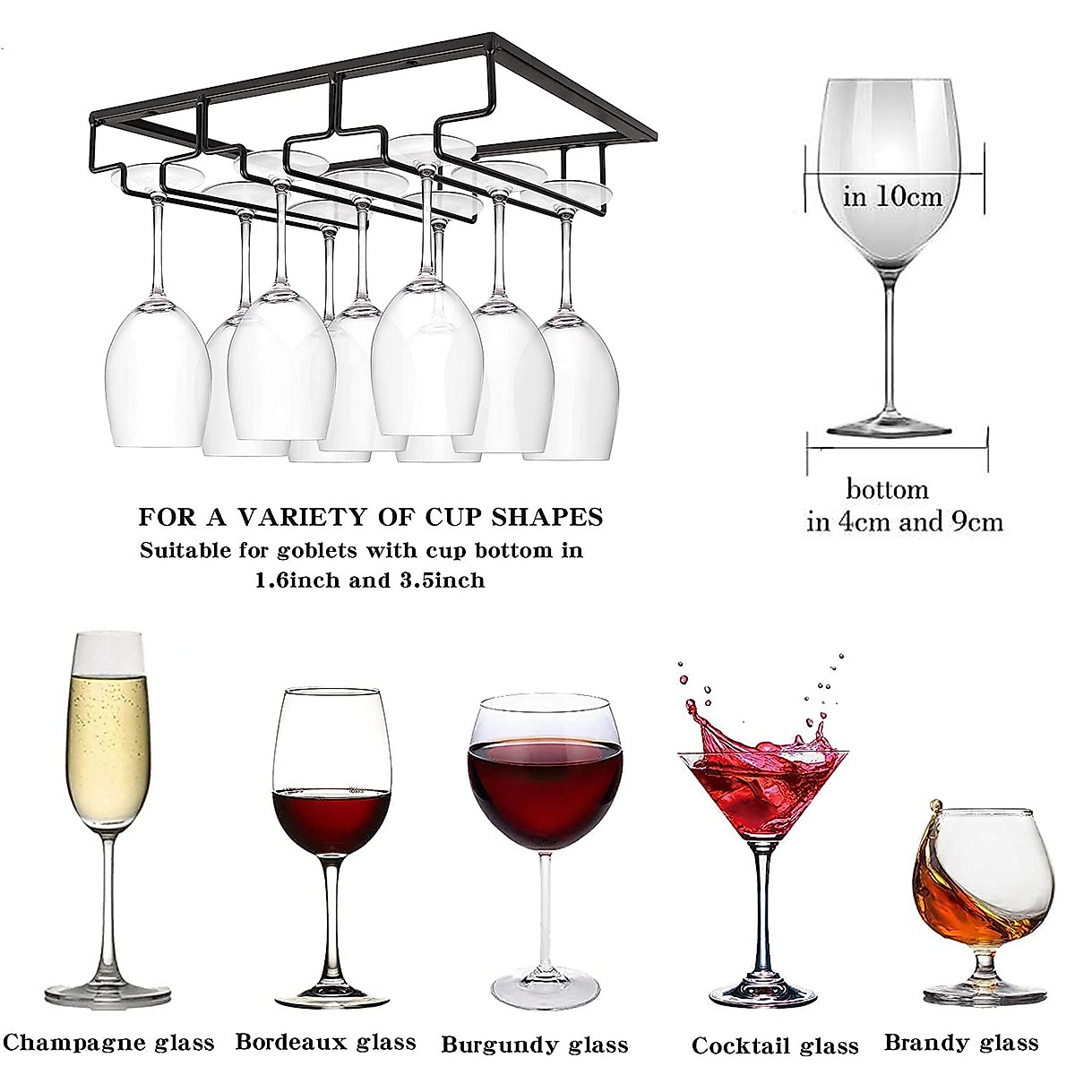 FIAMER Wine Cup Holder Table Decoration Storage Hanger Metal Organizer for Bar Kitchen 3 Rows Stemware Rack Under Cabinet Stainless Steel Hanger Storage Shelf Black