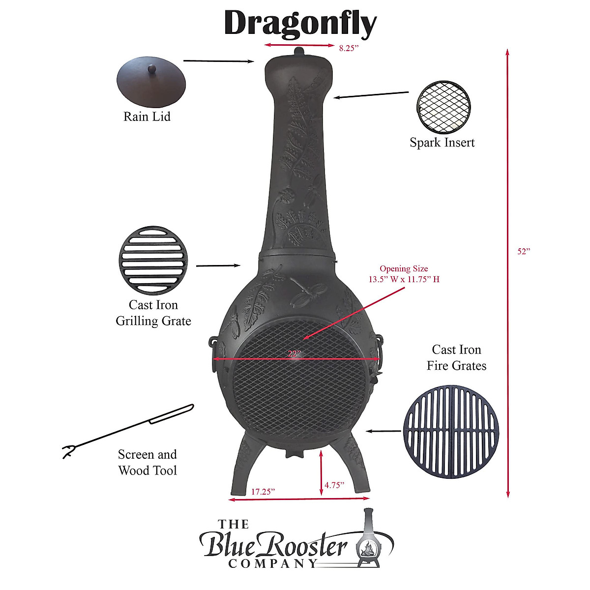 The Blue Rooster Dragonfly Cast Aluminum Chiminea in Charcoal