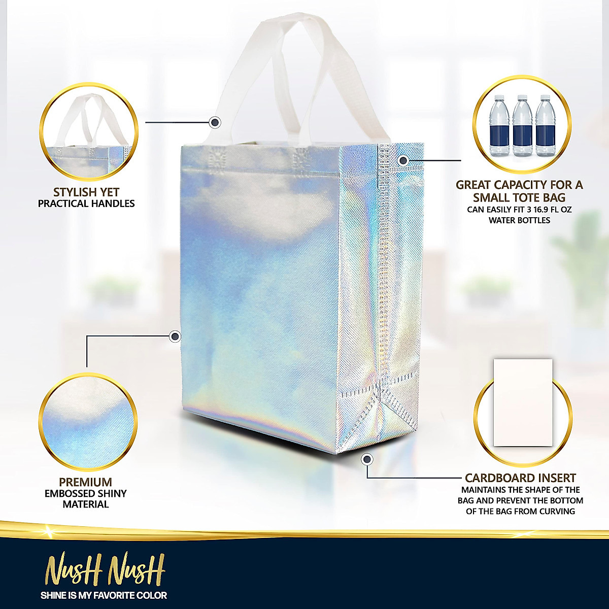 Nush Nush Iridescent Gift Bags Medium Size – Set of 12 Stunning Reusable Holographic Gift Bags With White Handles - Perfect As Goodie Bags, Birthday Gift Bags, Party Favor Bags – 8Wx4Dx10H Size