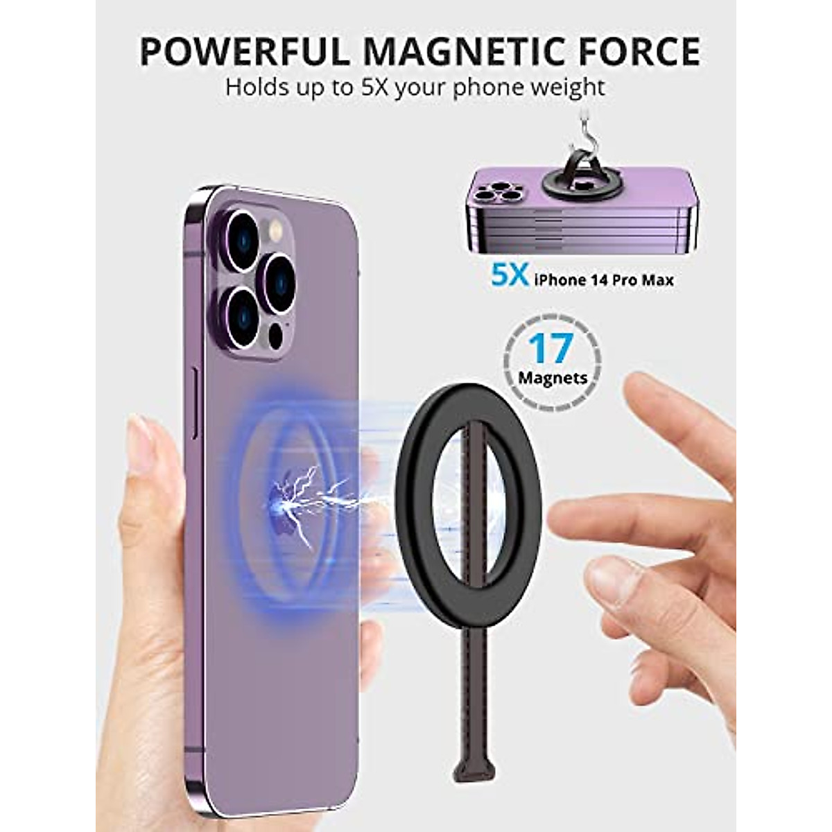 SUPMEGA Magnetic Phone Grip for MagSafe, Grip & Stand with Collapsible Leather Finger Loop, Magnetic Phone Ring Holder only for iPhone 15 Pro Max, iPhone 15 Pro, iPhone 14 Pro Max, 13 and 12 Series