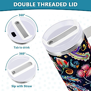 xigua 30 oz Paisley Flower Tumbler with Handle and Straw Lid, Stainless Steel Vacuum Insulated Sports Water Bottle, Keeps Cold or Hot Coffee Cup Travel Mug