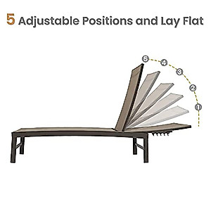 Crestlive Products Adjustable Outdoor Chaise Lounge Chair and Table Set, Aluminum Lounge Chairs Set, Five-Position Recliner, Curved Design, All Weather for Patio, Beach, Yard, Pool(Brown)