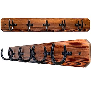 Rustic Coat Rack Wall Mount with Horseshoe Hooks | 36.5" Coat Hanger Wall Mount | Large Wall Coat Rack | Wall Mounted Coat Rack | Wooden Coat Rack Wall Mount (Brown Plate with Black Horseshoe Hooks)