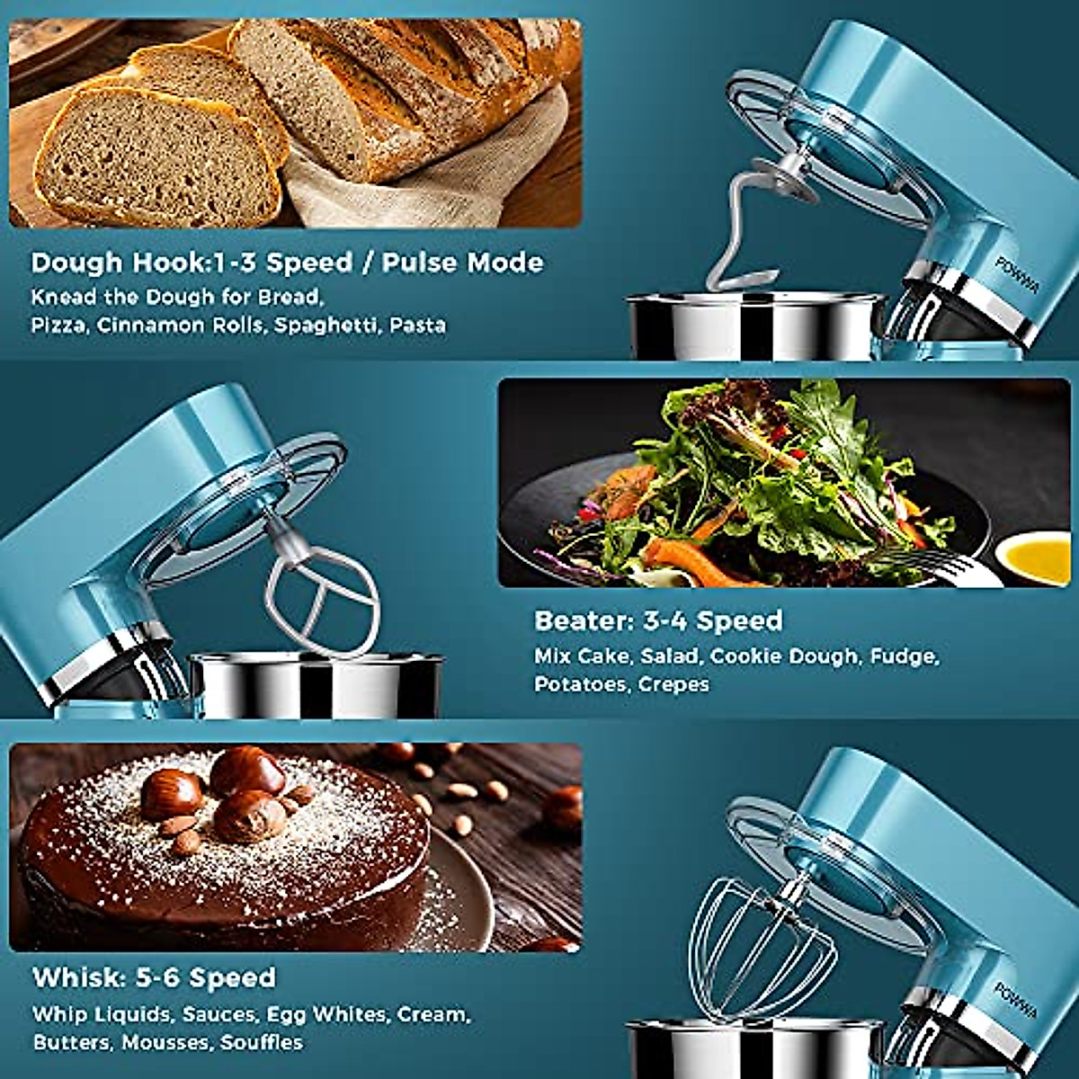 Stand Mixer, POWWA 7.5 QT Electric Mixer, 6+P Speed 660W Household Tilt-Head Kitchen Food Mixers with Whisk, Dough Hook, Mixing Beater & Splash Guard for Baking, Cake, Cookie, Kneading, ETL Certified (Blue--NO Handle)