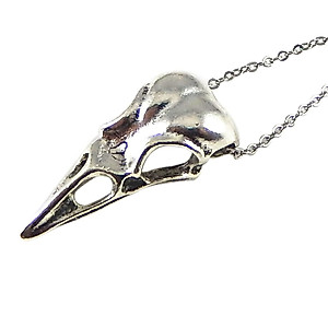 JJG Vintage Antiqued Silver Crow Raven Skull Necklace with Stainless Steel Chain 18' (Raven Skull)