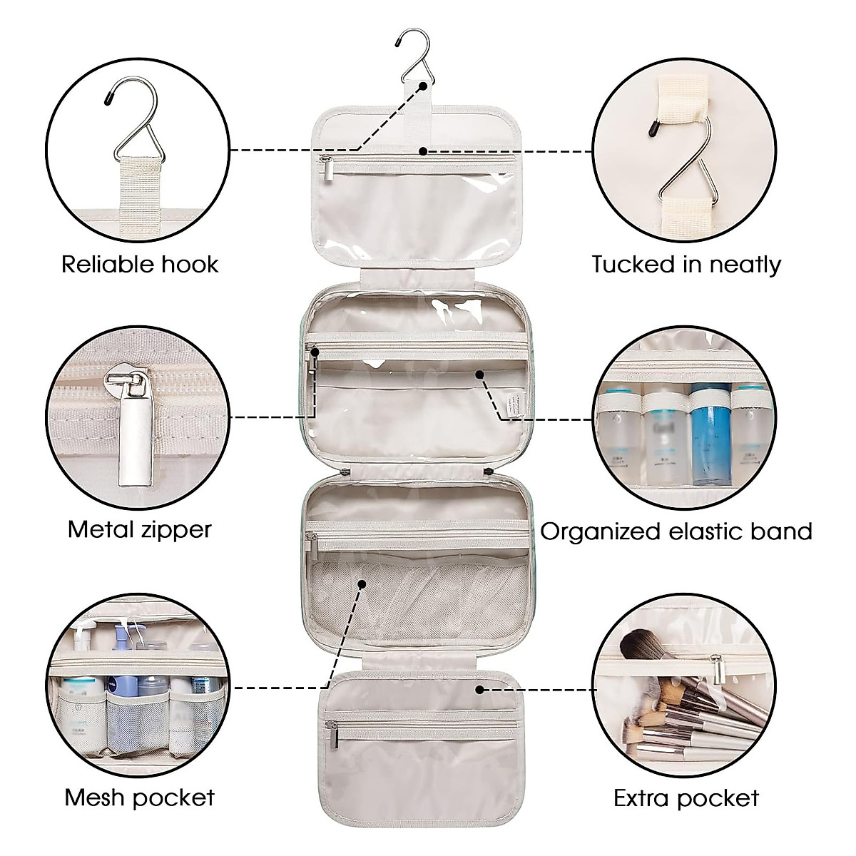 Narwey Hanging Toiletry Bag for Women Travel Makeup Bag Organizer Toiletries Bag for Travel Size Essentials Accessories Cosmetics (Mint Green (Medium))