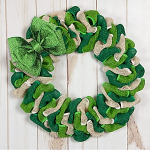 Whaline 2 Rolls St Patrick's Day Wired Ribbon Glitter Green Stain White Shamrock Craft Ribbons Linen Like Polyester Wrapping Ribbon for Home Craft Decoration Gift Bow Party Supply 2.5 Inch x 10 Yards