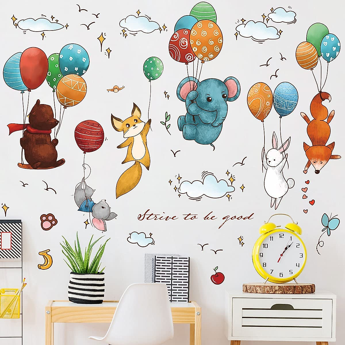 RAINBOW WSK Animals Balloons Wall Decals Elephant Rabbit Fox Bear Clouds Wall Stickers Woodland Jungle Animals Wall Decals Peel and Stick Vinyl Wall Mural Kids Bedroom Nursery Classroom Wall Decor