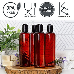 Cornucopia Brands 8oz Plastic Bottles w/Disc Top Flip Cap (6-Pack); BPA-Free Containers For Shampoo, Lotions, Liquid Body Soap, Creams (8 ounce, Amber Brown)