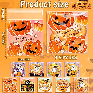 FEBSNOW 450pcs Halloween Candy Bags, 9 Styles Self Adhesive Trick Candy Bag Cellophane Cookie Bags for Halloween Trick or Treat Goodie Ziplock Bags Party Favor