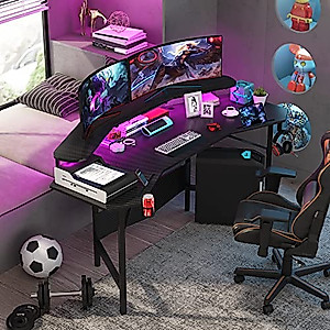 PAKASEPT Gaming Desk with Led Lights, 70.9” Large Wing-Shaped Desk, Carbon Fiber Surface Gaming Table with Monitor Stand, Headphone Hanger & Cup Holder & Dual Slots
