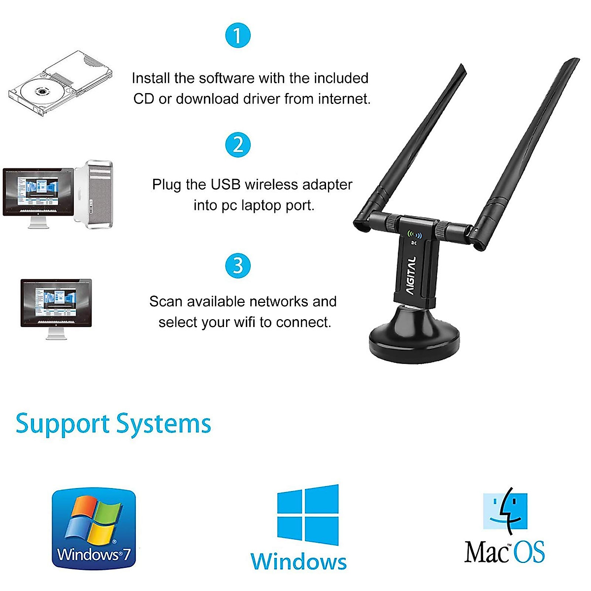 1200Mbps USB WiFi Adapter Wireless Network Adapter for Laptop/Computer/Notebook with Extension Cable and Base, Compatible with Windows 11/10/8/7/XP & Mac OS X