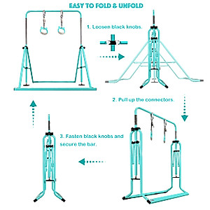 PreGymnastic Updated Folding Gymnastics Bar with Rings, Foldable Kip Bar with Sturdier Base, Gymnasitc Training Bar for Kids Ages 3-10, Gymnastic Horizontal Bars, Home Gym Equipment for Boys Girls