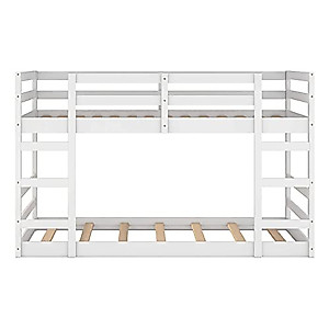 Harper & Bright Designs Twin Over Twin Bunk Bed for Kids, Low Bunk Bed with Ladder and Safety Guard Rails, Solid Wood Bunk Bed Frame. No Box Spring Needed (White)