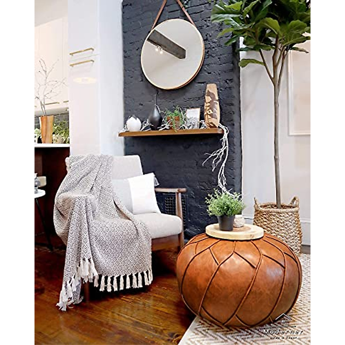 Moderner Faux Leather Pouf Unstuffed Ottoman Moroccan Footstool, Floor Footrest Cushion, Storage Solution - Natural Brown Color (Brown, 23x11)