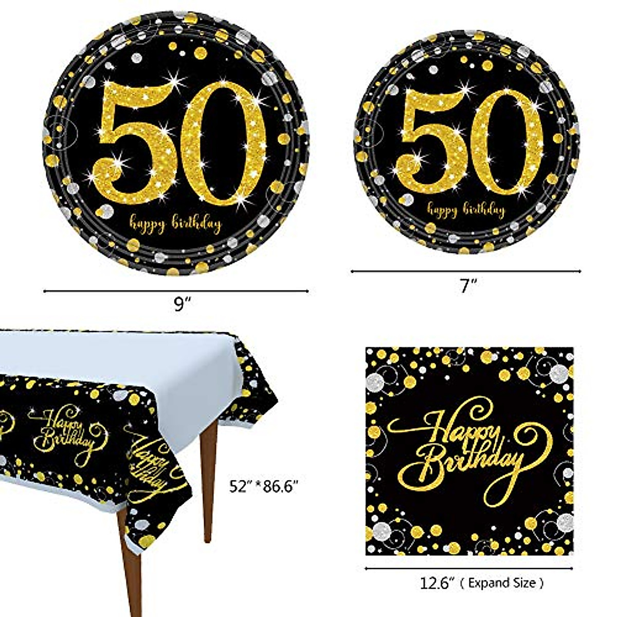 Rainmae 50th Birthday Party Supplies Tableware Set - Serves 16 Guest-Plates, Cups, Napkin, Knife, Spoon, Fork, Table Cloth, Sparkling Banner for 50 Years Old Party Decoration, 50th Wedding Anniversary