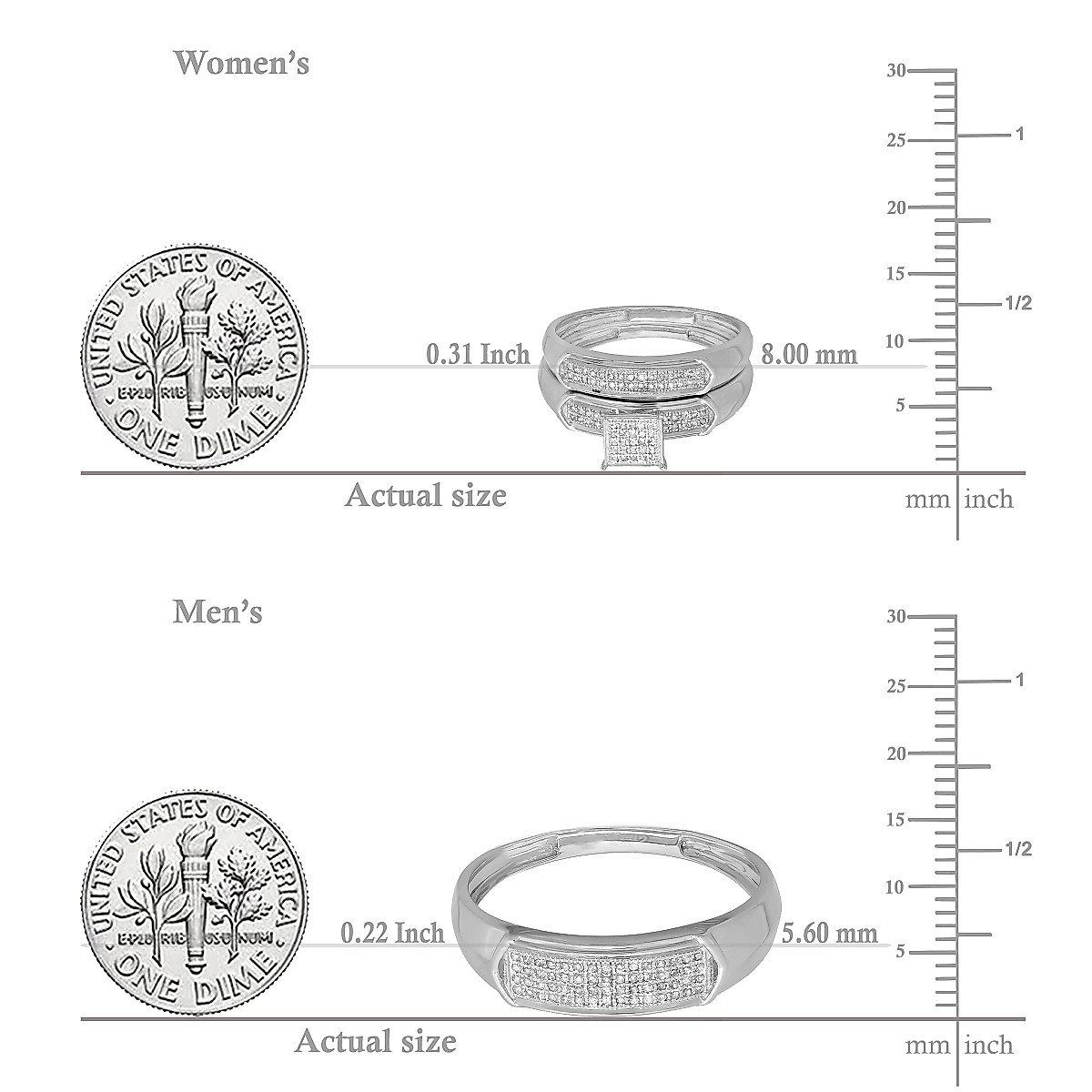 Dazzlingrock Collection 0.30 Carat (ctw) Round White Diamond Square Framed Wedding Trio Ring Set in 925 Sterling Silver, Women size 7 & Men size 9.5