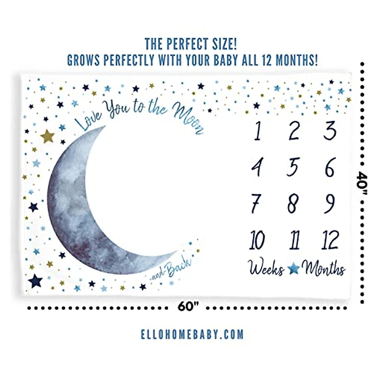 ELLO HOME BABY Milestone Blanket Boy, Blue Moon Month Tracker, First Year Calendar Monthly Growth Chart, Photo Prop Mat, Baby Boy Shower Gifts, I Love You to the Moon and Back Nursery, (Minky 60"x40")