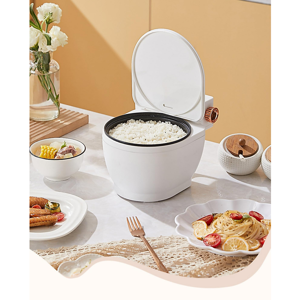 Funny Rice Cooker 6 Cup Non-Stick Multi Cooker Toilet-Shaped Electric Cooking Pot For Stir Fry, Steak, Noodles, Soup Portable Hot Pot For Dorm, Office, Travel