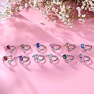 Qings Square Birthstone Adjustable Ring 925 Sterling Silver Hollow Love Heart Cubic Zirconia Aquamarine March Birthstone Open Rings Birthday Gifts for Women Girls