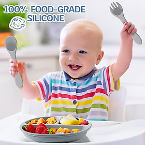 Potchen 6 Pack Suction Plates for Baby with Spoon Fork Divided Toddler Plate with Suction Silicone Baby Self Feeding Set for Boys Girls (Dark Gray, Army, Dark Blue, Orange, Khaki, Pink)