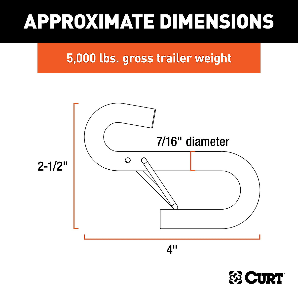 CURT 81820 7/16-Inch Certified Trailer Safety Chain S-Hook with Latch, 5,000 lbs