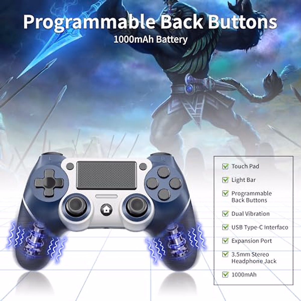 PSKONTORORA Controller for P4 Remote Control Compatible with Playstation 4/Slim/Pro/PC, Wireless Gaming Controllers with Double Vibration/6-Axis Motion Sensor/Programmable Back Buttons【Upgraded】