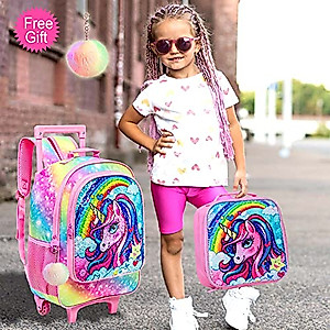 TXHVO 3PCS Rolling Backpack for Girls, Kids Rainbow Unicorn Bookbag with Roller Wheels, Cute Suitcase School Bag Set for Elementary Toddler