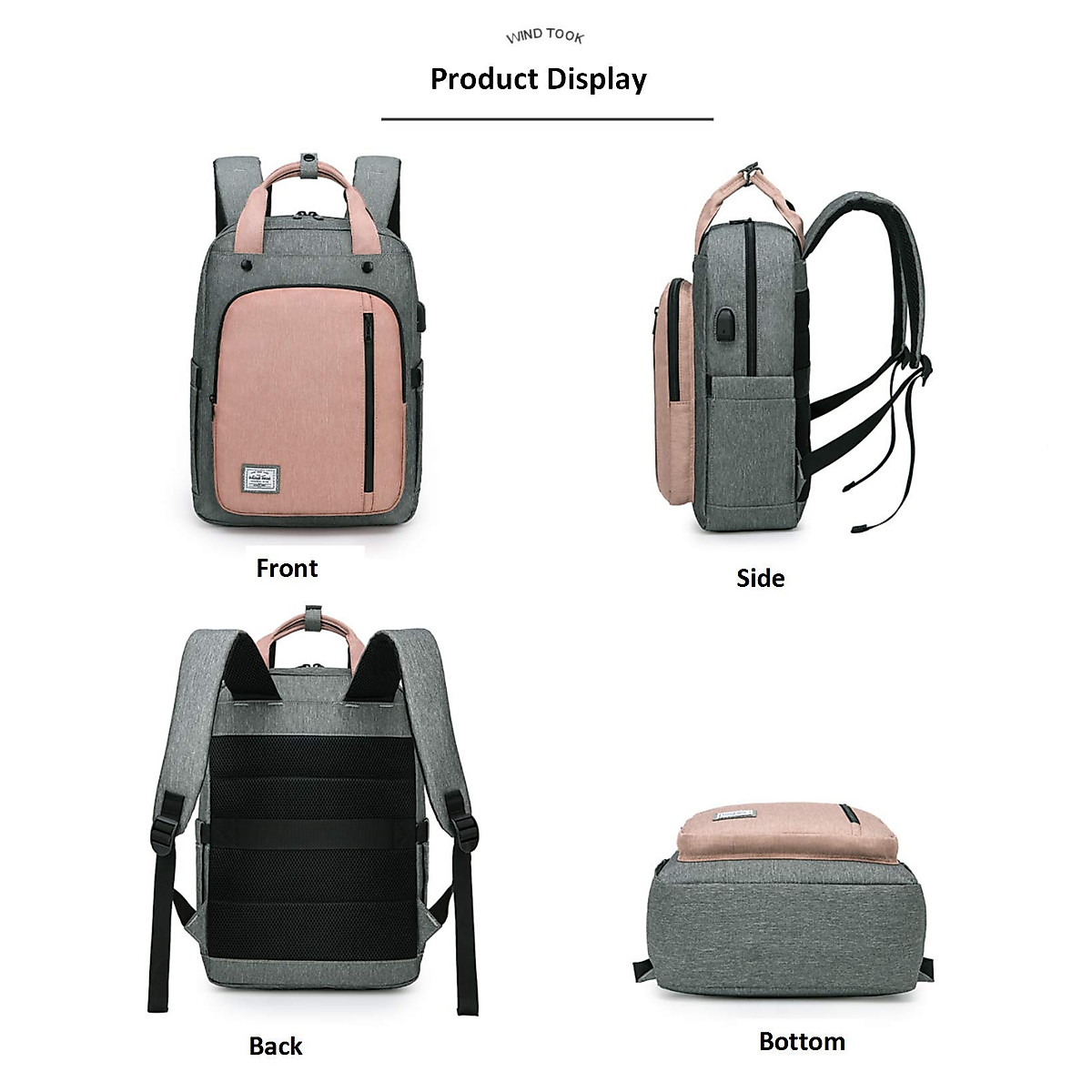 WindTook 15.6" Laptop Backpack with USB Charging Port for Women Men Travel School College Work Daypack, Grey-pink