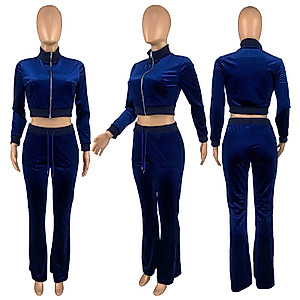 2 Piece Outfits Velour Tracksuit for Women Zip Up Hoodie Velvet Jogging Sweatsuit Workout Sets Blue S