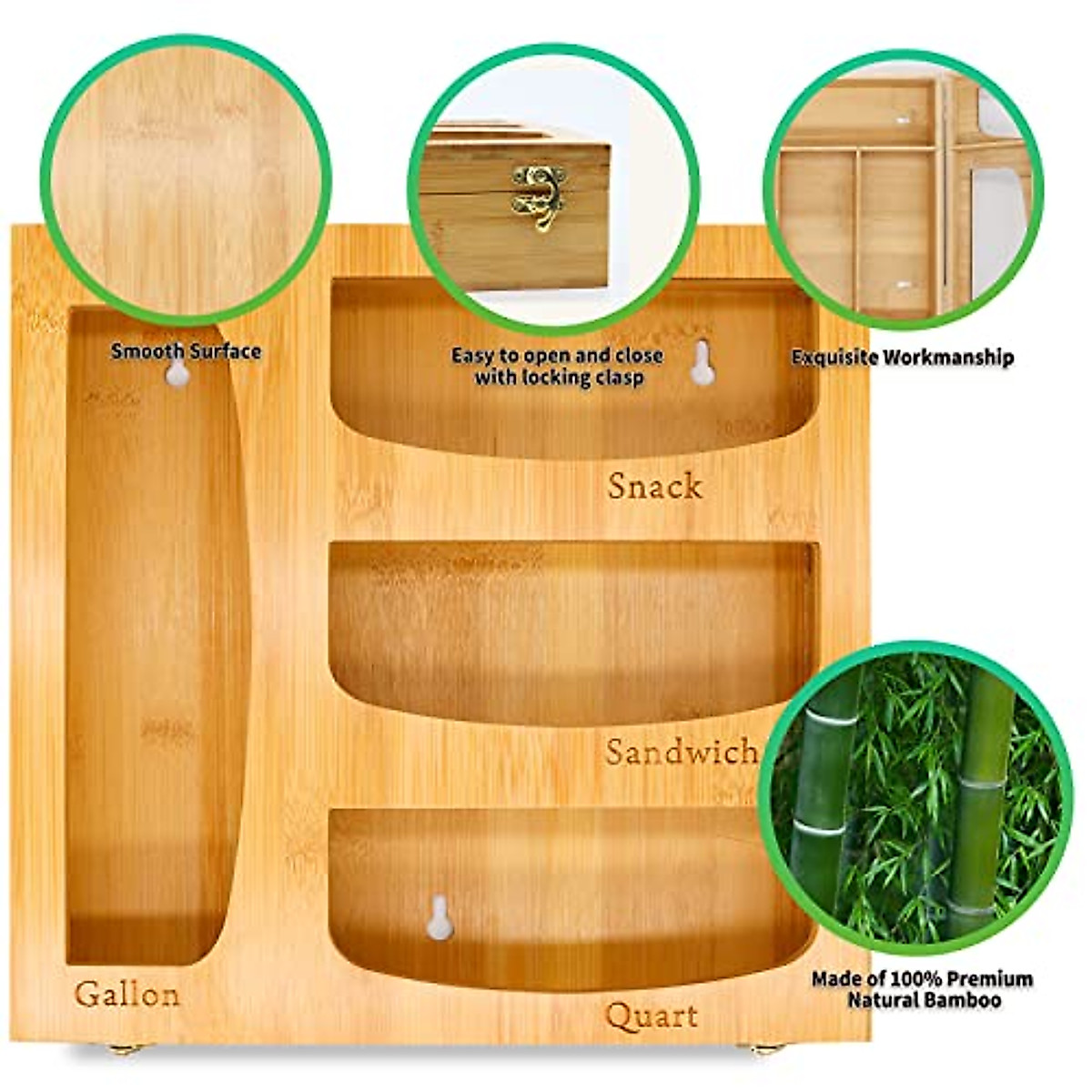 Ziplock Bag Storage Organizer, Bamboo Drawer Organizer, Ziplock Bag Organizer, Compatible With Ziploc, Solimo, Glad, Hefty For Gallon, Quart, Sandwich Snack Variety Size Bags (4 Slots)