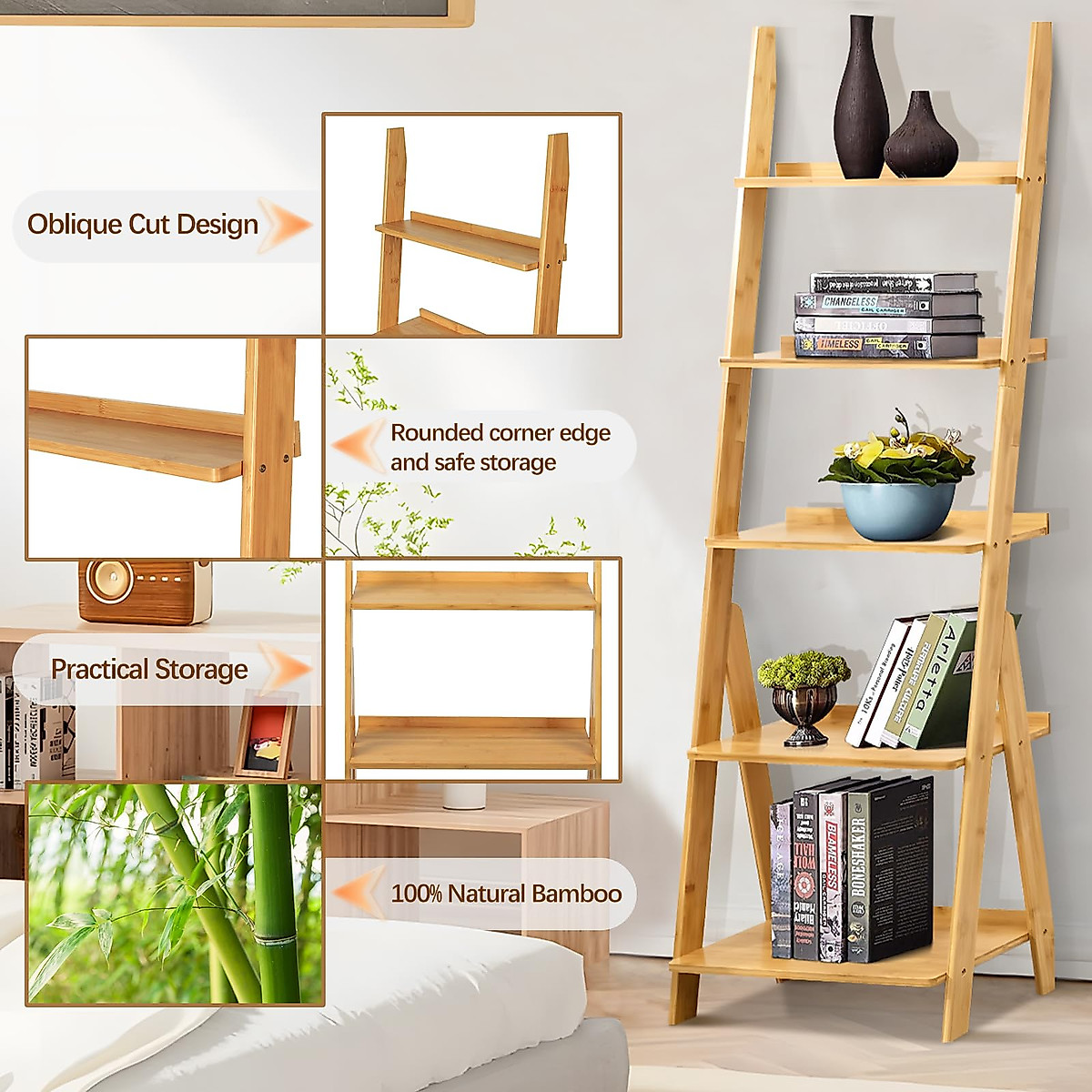 DOUSY- 5-Tier Bamboo Ladder Shelf Ladder Bookshelf Plant & Flower Stand Bookcase, Freestanding Storage Rack Organizer Display Shelf for Living Room, Home Office, Bedroom, Balcony, Natural Wood