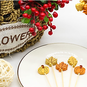 Pumpkins Maple Leaves Fall Cocktail Picks Autumn Theme Toothpicks Fruit Drinks Dessert Sticks Food Sandwich Appetizer Charcuterie Skewers, for Thanksgiving Day Decorations Party Supplies (100)