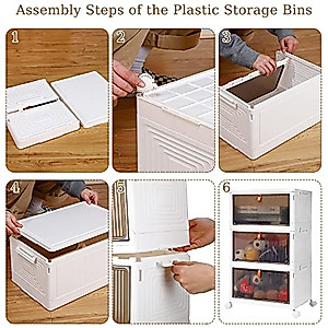 2 Pack Plastic Storage Bins Stackable Storage Bins with Wheels White 3 Tier Storage Containers Organizer Collapsible Storage Bins Cart Storage Box Totes for Toys Snacks Books