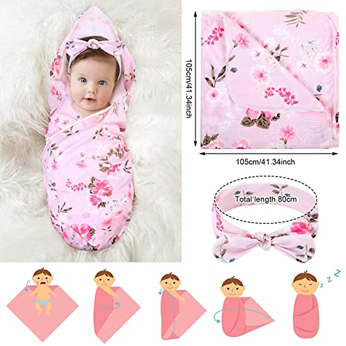 Mepase 5 Pcs Mommy and Me Robe Swaddle Headband Cap Set Including Maternity Robe Baby Swaddle Blanket Headband Hat for Mom and Baby (X-Large)