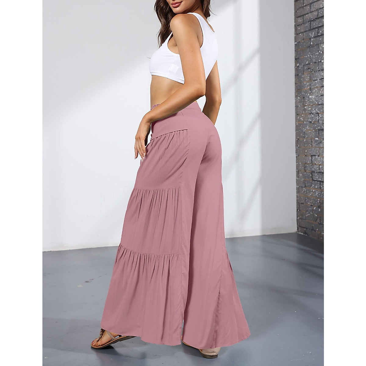 Xiaoxuemeng Women's Tiered Palazzo Pants Flowy Elastic High Waisted Wide Leg Beach Pants (Pink-XL)