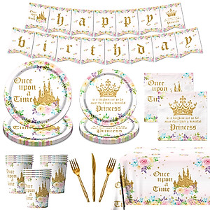 Dydamud Princess Castle Birthday Party Decoration, Once Upon a Time Pink Floral Tableware Include Princess Party Plates and Napkin Sets for Girls Birthday Party, Baby Shower