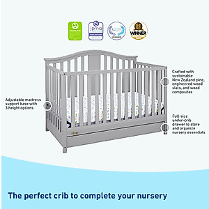 Graco Solano 4-in-1 Convertible Crib with Drawer (Pebble Gray) – GREENGUARD Gold Certified, Crib with Drawer Combo, Includes Full-Size Nursery Storage Drawer, Converts to Toddler Bed and Full-Size Bed