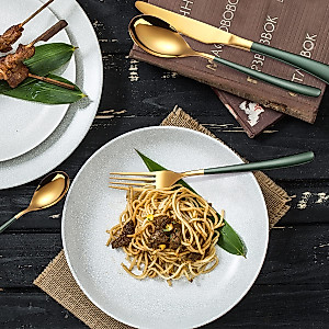 AARAINBOW 7 Pieces Stainless Steel Flatware Set Portable Reusable Cutlery Set Travel Utensils Set Including Chopsticks Knife Fork Spoon Straws Cleaning Brush Dishwasher Safe (7 Green Golden)