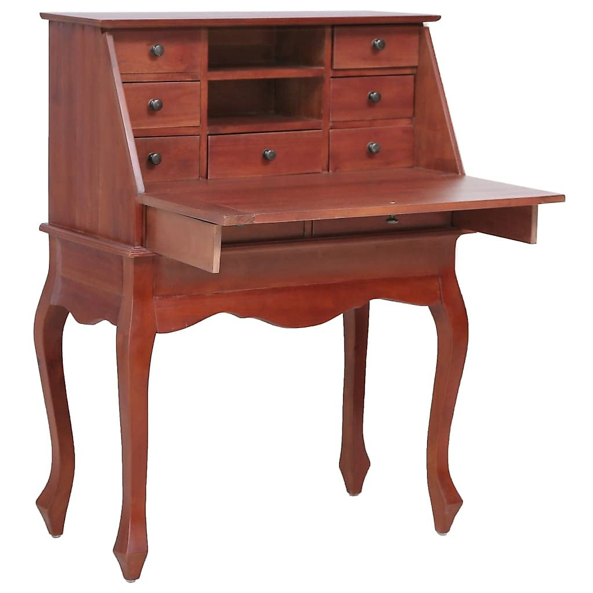 vidaXL Vintage-Style Secretary Desk - Solid Mahogany Wood Desk with Drawers and Compartments - Brown Finish, Rectangular Farmhouse Writing Desk