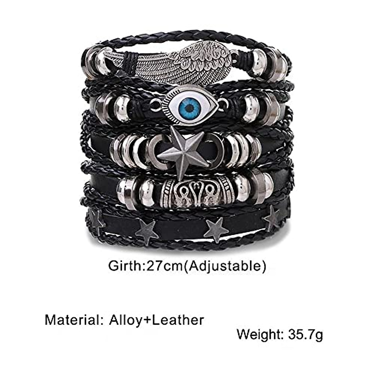 BUSSLANDY Braided Leather Bracelets for Men Women Cuff Wrap Bracelet Stackable bracelet Evil Eye Stars Wings Retro Set Wood Ethnic Tribal Bracelets Adjustable