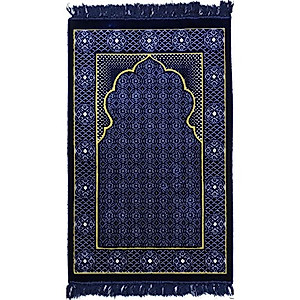 Modefa Turkish Islamic Prayer Rug - Traditional Muslim Janamaz Sajada - Plush Velvet Praying Mat Carpet for Men and Women - Ramadan or Eid Gift - with Kufi Cap & Beads - Floral Stamp Ipek - Blue 2