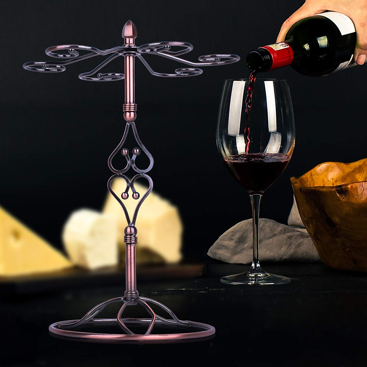 Senkoovi Wine Glass Holder Bronze Tabletop Stemware Rack with 6 Hooks Freestanding Cup Storage Classic Stainless Steel for Home and Bar