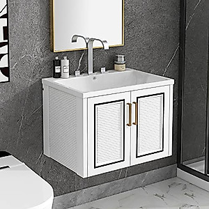 Lifeand 24" Wall Mounted Bathroom Vanity with Ceramic Basin, Two Shutter Doors, Solid Wood & MDF Board, White