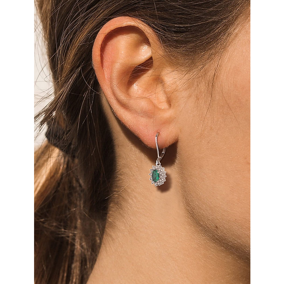 YL Women's Dangle Drop Earrings Sterling Silver Halo Princess Diana Leverback Earrings Created Emerald Jewelry