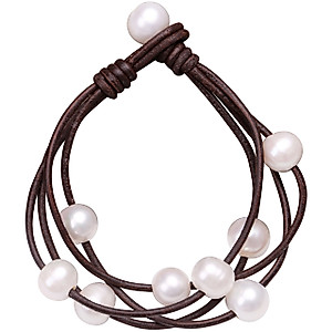 Aobei Pearl Cultured Freshwater pearl Wrap Bracelet on Multi Strands Leather Beaded Jewelry for Women Brown