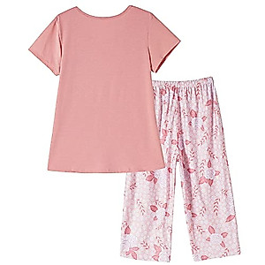 HONG HUI Women's Pajama Short Sleeve Sets Top with Capri Flower Pattern Pants Soft and Casual Sleepwear with Pocket,XXXL Pink
