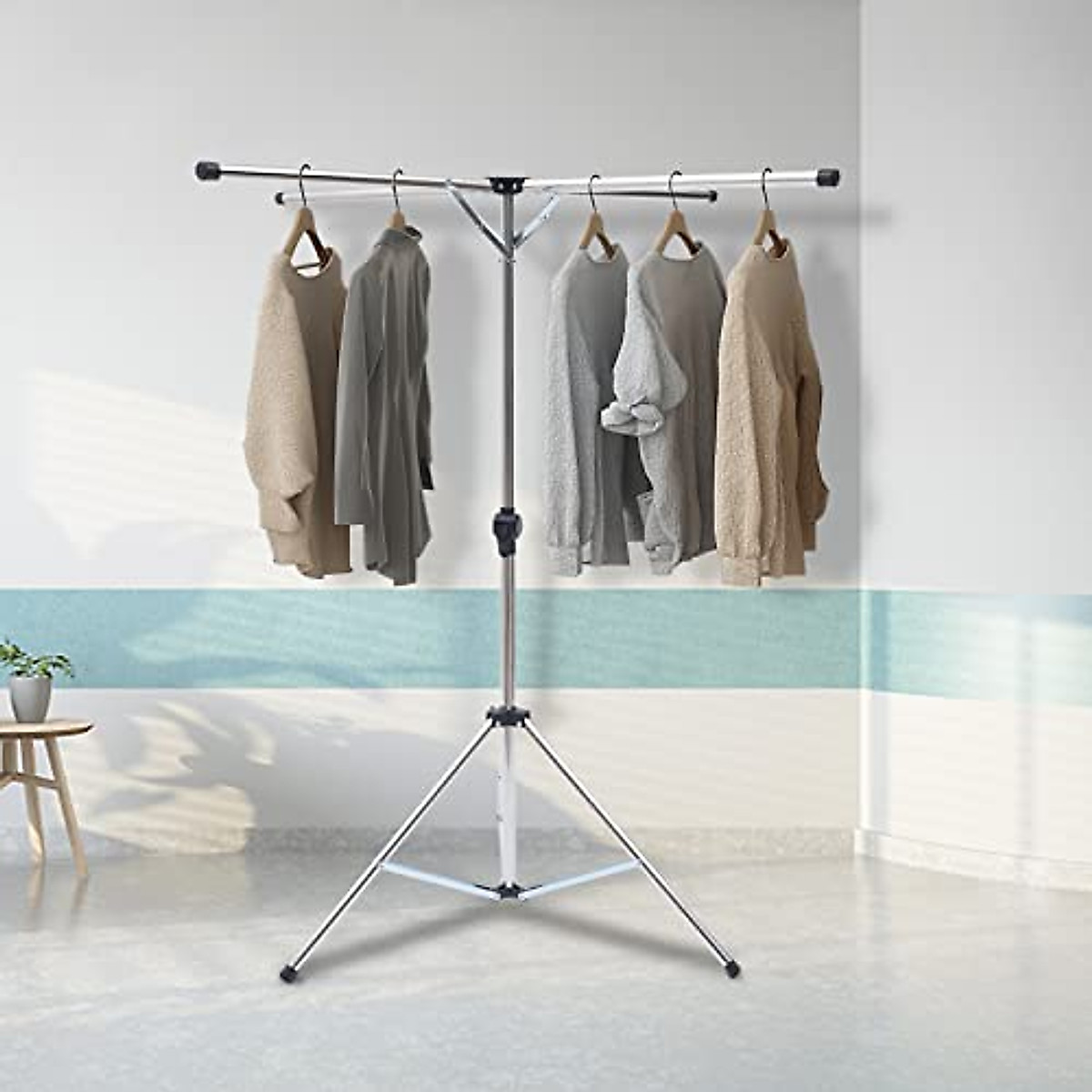 Leblett Tripod Clothes Drying Rack,Foldable Portable Space Saving Laundry Drying Rack High Capacity 4 Poles,Height-Adjustable with 10 Hooks for Outdoor and Indoor Home Use