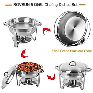 ROVSUN 5 Qt 4 Packed Full Size Stainless Steel Chafing Dish Buffet Set, Silver Round Catering Warmer Set with Food and Water Trays, Mirror Cover, Thick Stand Frame for Kitchen Party Banquet